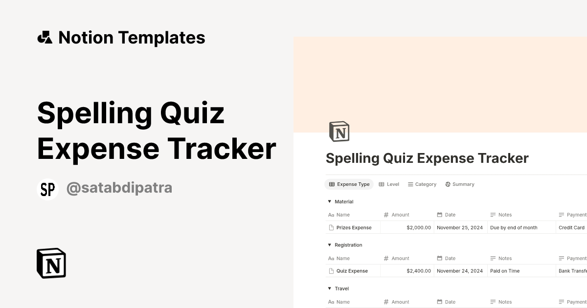 Spelling Quiz Expense Tracker Template | Notion Marketplace