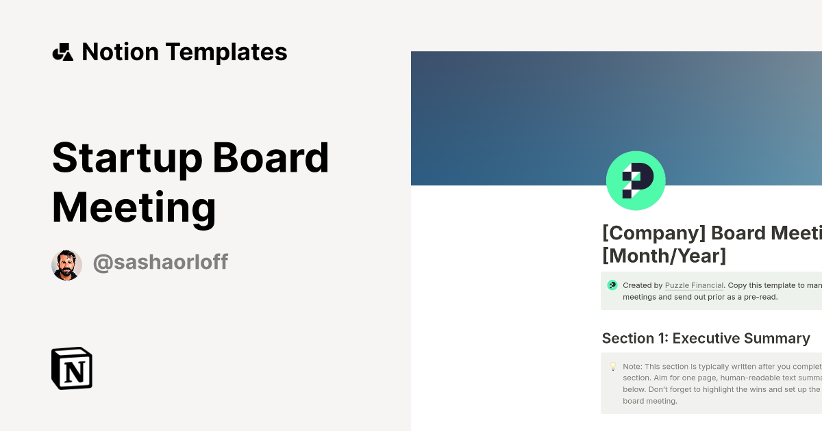 Startup Board Meeting Template by Sasha Orloff | Notion Marketplace