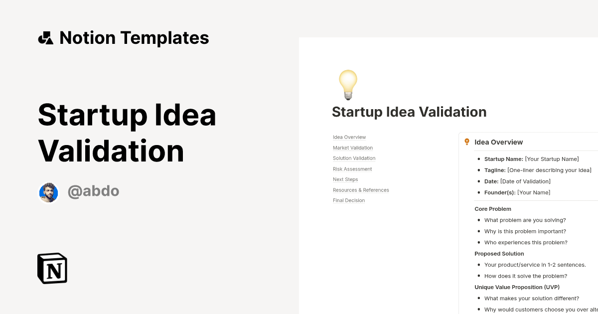 Startup Idea Validation Template by Abdo Karmalla | Notion Marketplace