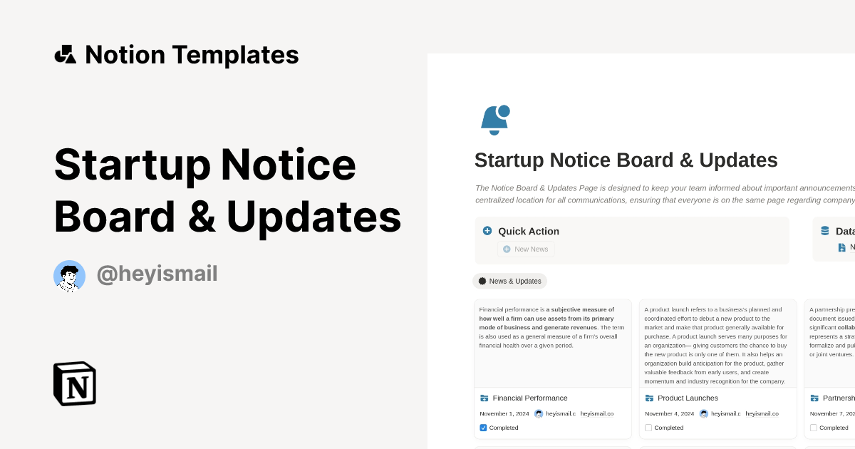 Startup Notice Board & Updates Template | Notion Marketplace