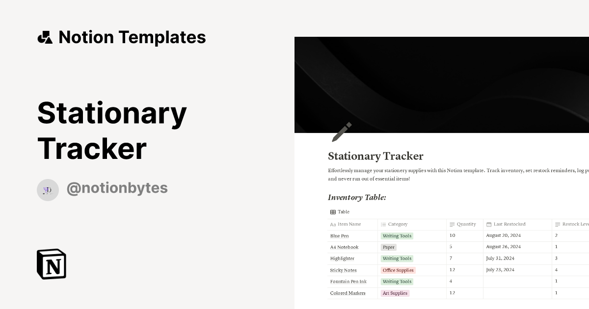 Stationary Tracker Template by Notion Bytes | Notion Marketplace