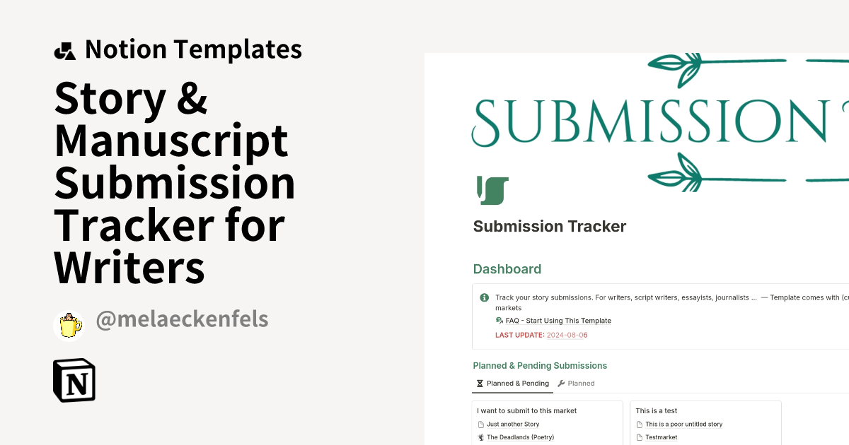 Story & Manuscript Submission Tracker for Writers Template | Notion ...
