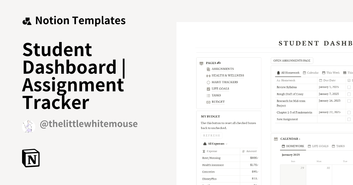 Student Dashboard | Assignment Tracker Template | Notion Marketplace