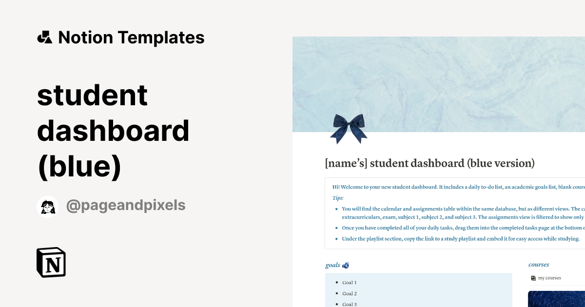 student dashboard (blue) Template by Page and Pixels | Notion Marketplace
