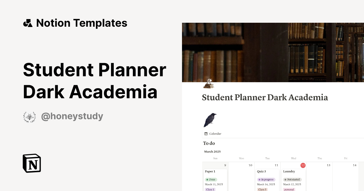 Student Planner Dark Academia Template by Honey Study | Notion Marketplace