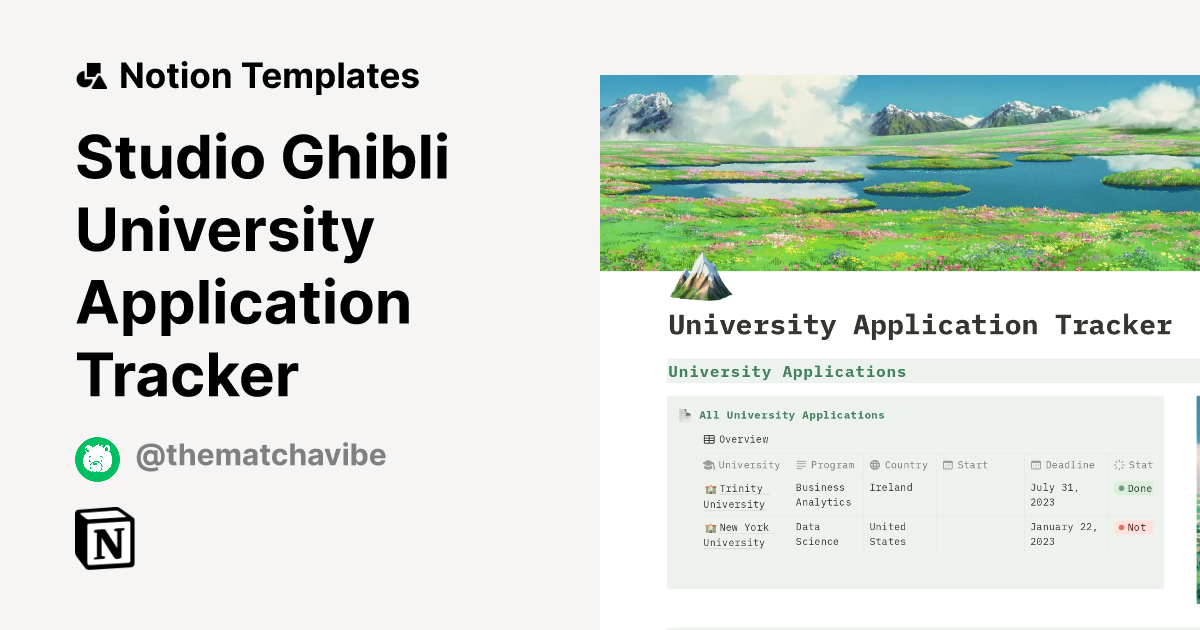 Studio Ghibli University Application Tracker Template by The Matcha Vibe | Notion Marketplace