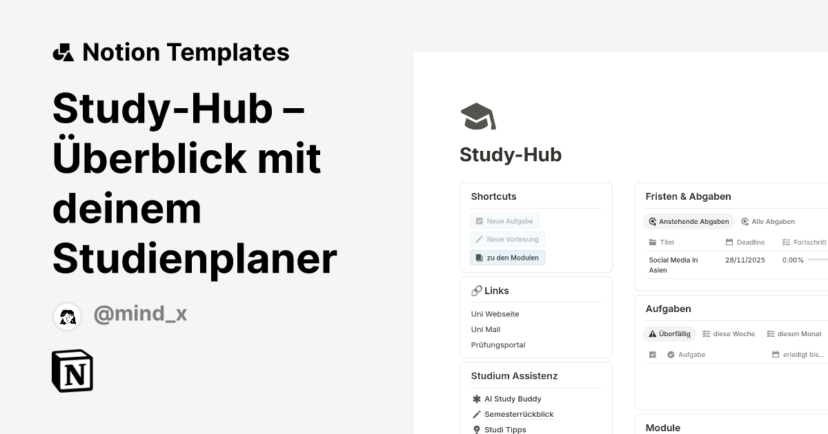 Study-Hub – Überblick mit deinem Studienplaner Template | Notion Marketplace