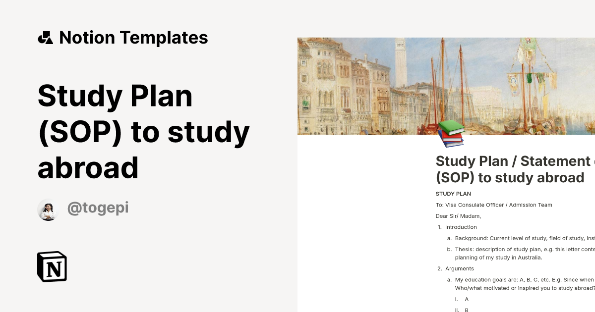 Study Plan (SOP) to study abroad Template | Notion Marketplace
