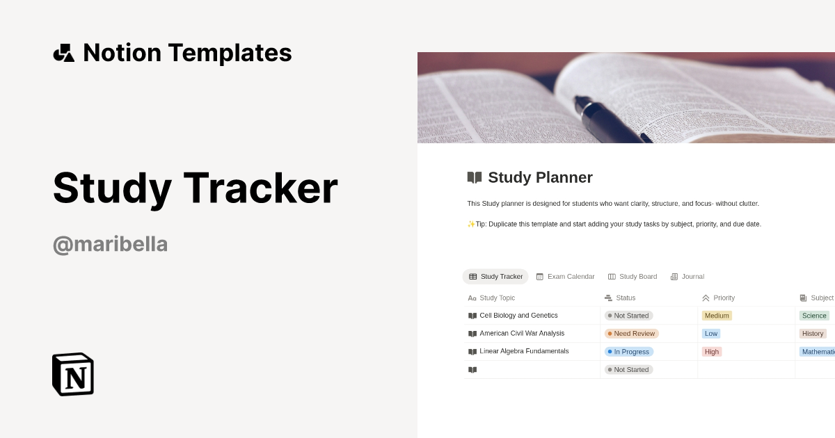 Study Tracker Template by MariBella | Notion Marketplace