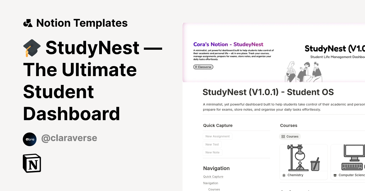 🎓 StudyNest — The Ultimate Student Dashboard Template by Claraverse | Notion Marketplace