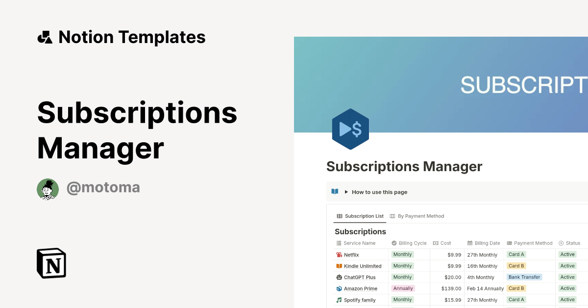 Subscriptions Manager Template by MOTOMA | Notion Marketplace