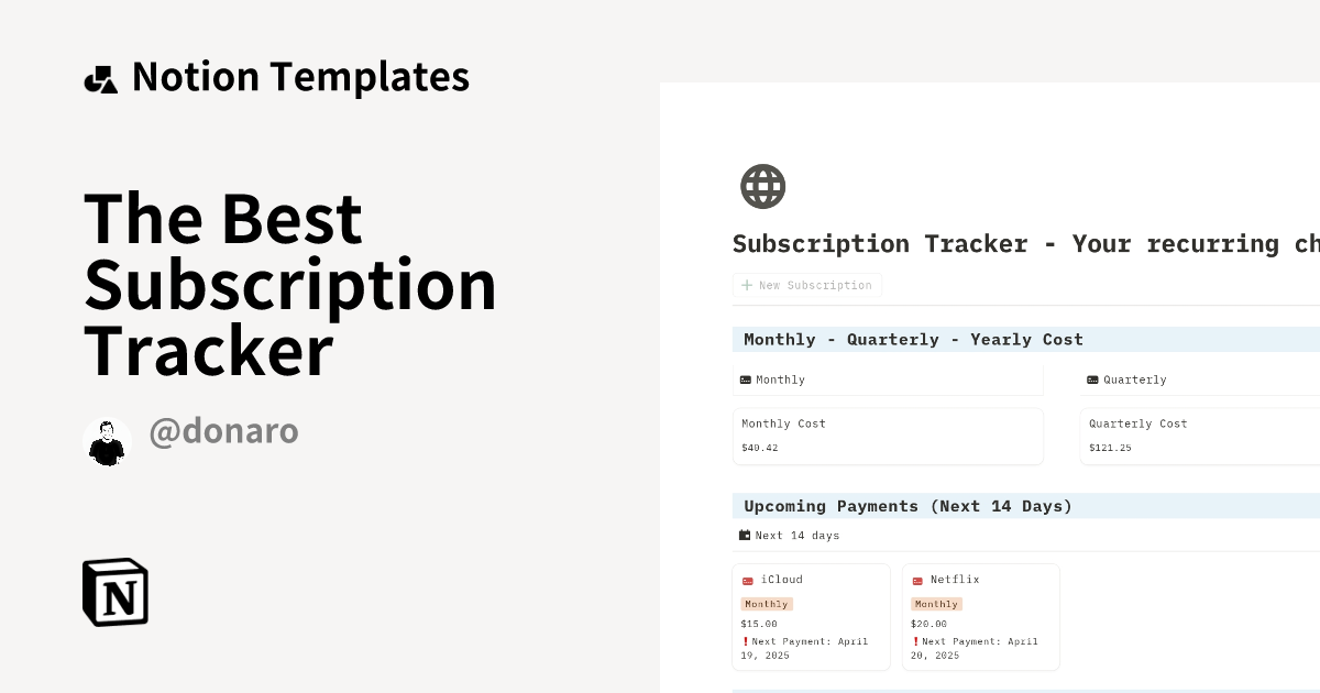 The Best Subscription Tracker Template by Donaro | Notion Marketplace