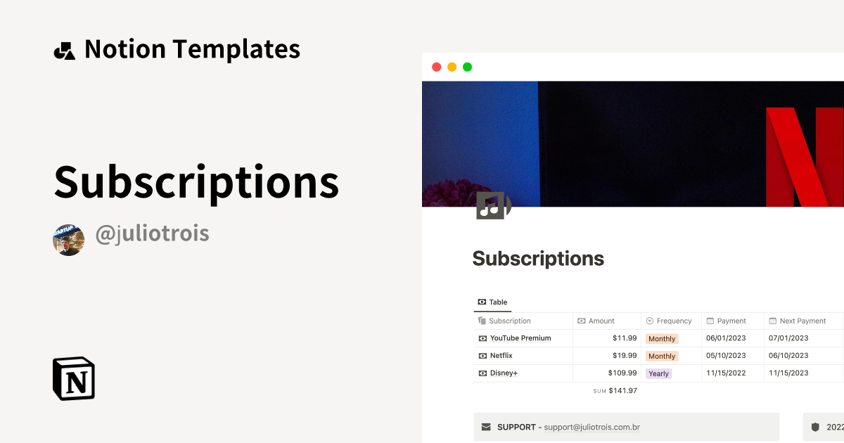 Subscriptions Template by Julio Trois | Notion Marketplace
