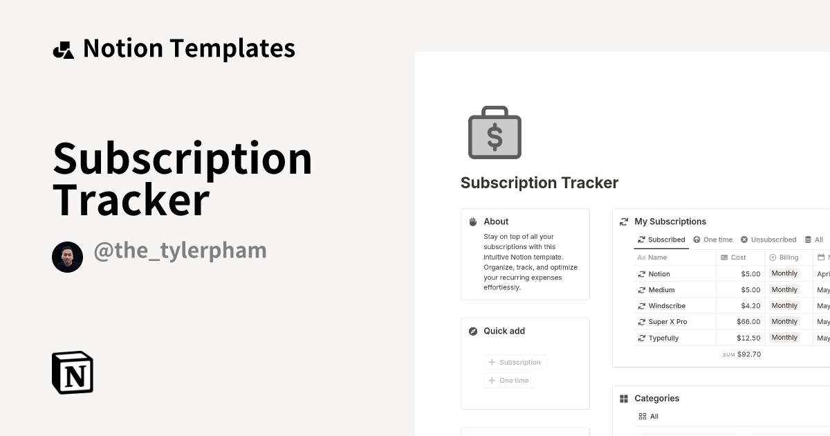 Subscription Tracker Template by Tyler Pham | Notion Marketplace