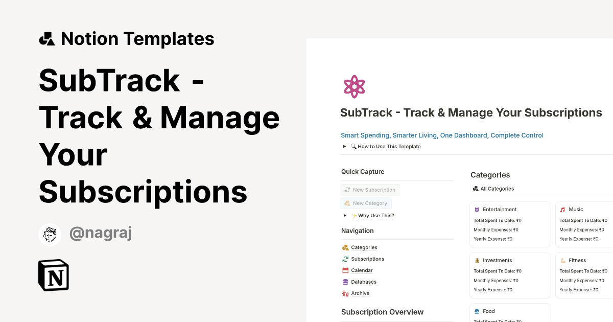 SubTrack - Track & Manage Your Subscriptions Template by Nagraj Gornalli | Notion Marketplace