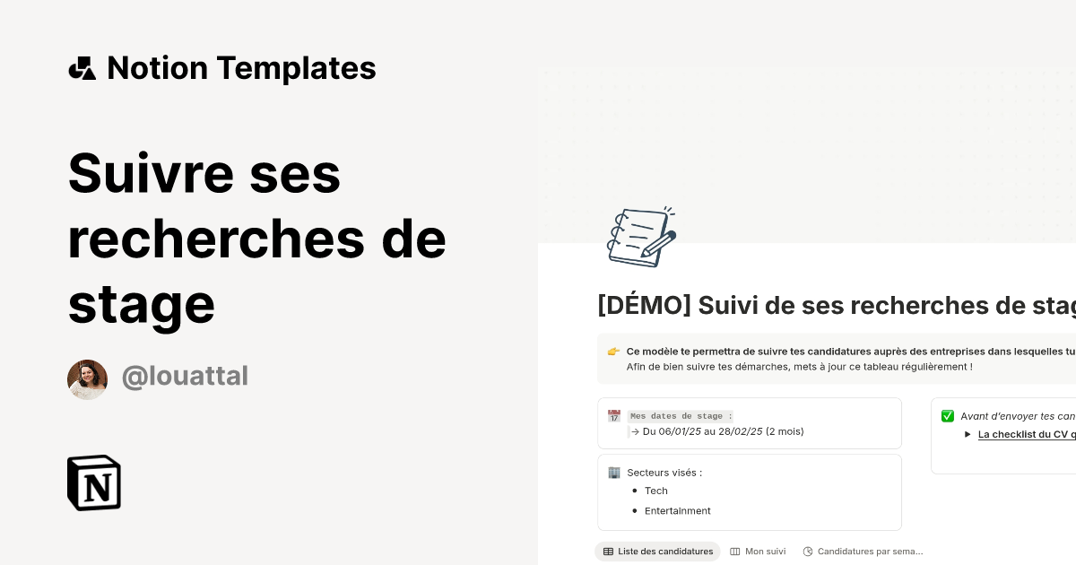 Suivre ses recherches de stage Template by Lou Attal Studio | Notion ...