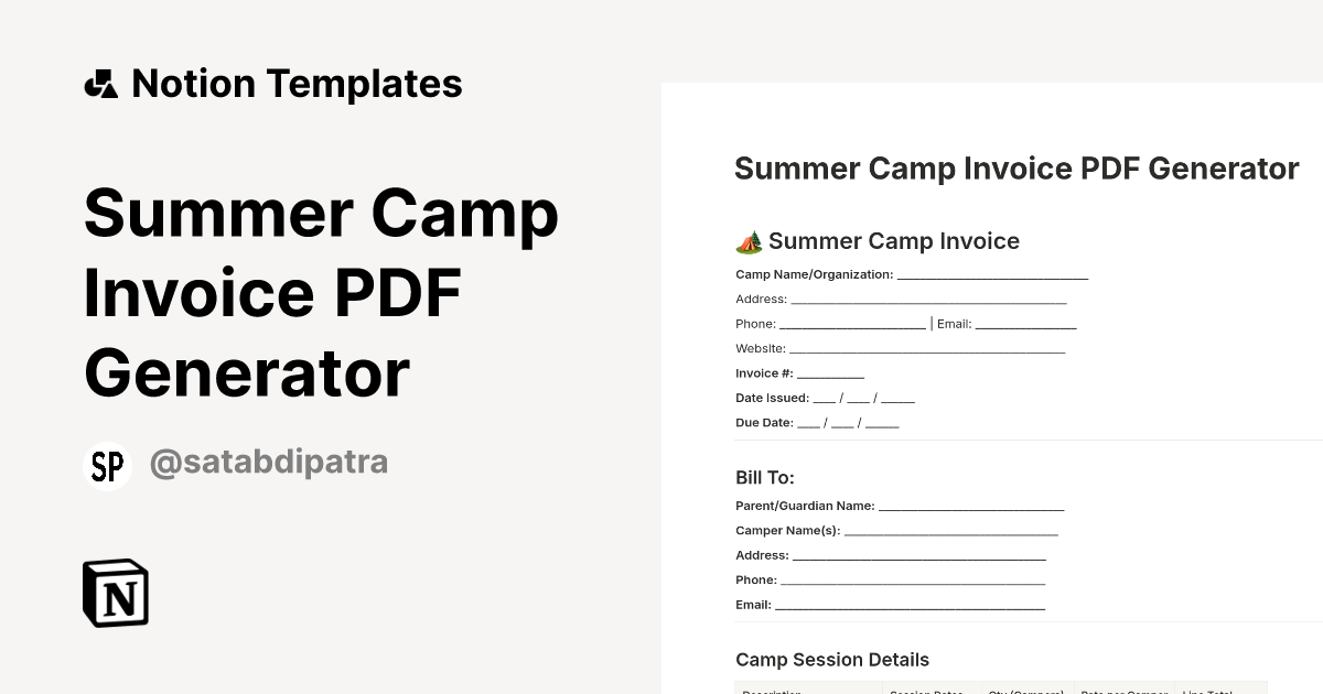Summer Camp Invoice PDF Generator Template | Notion Marketplace