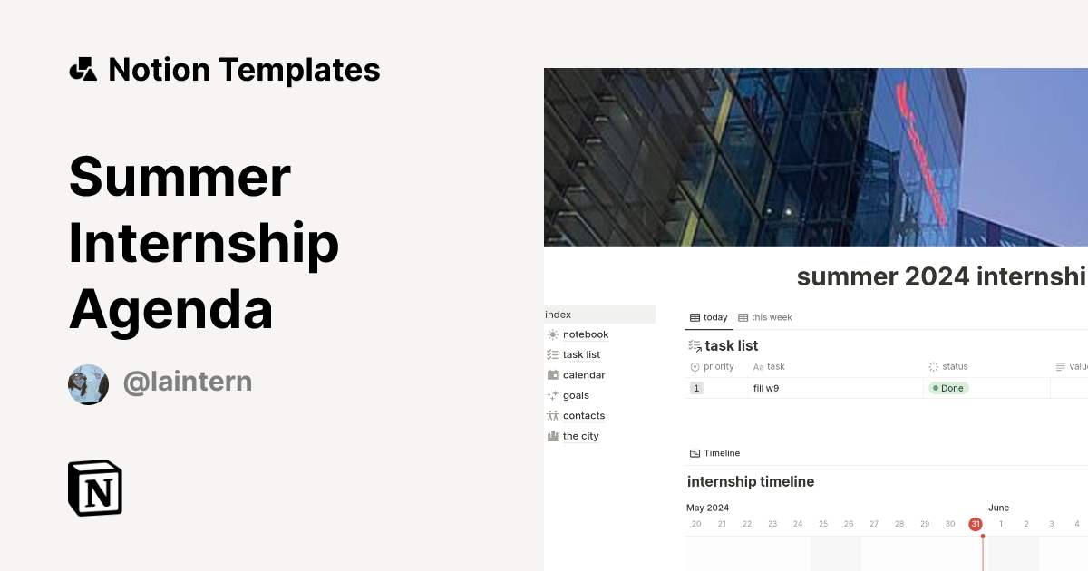 Summer Internship Agenda Template by Irene Sofía | Notion Marketplace