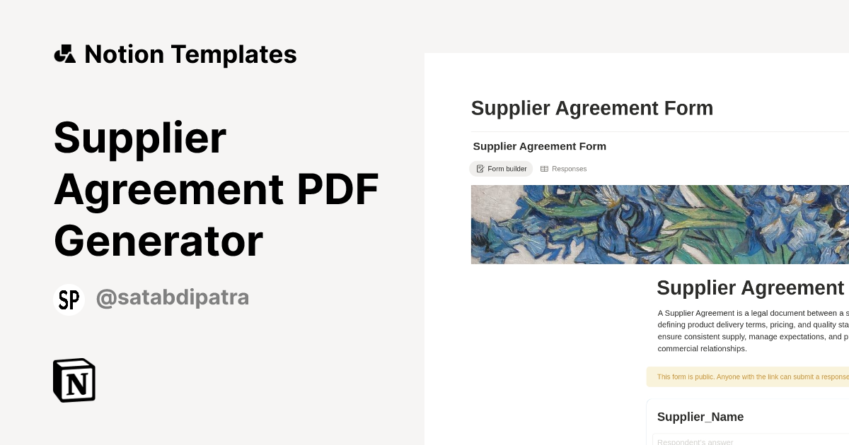 Supplier Agreement PDF Generator Template | Notion Marketplace