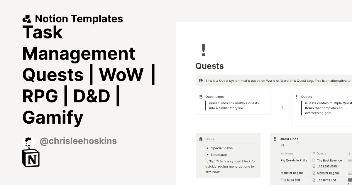 Task Management Quests | WoW | RPG | D&D | Gamify Template by Chris ...