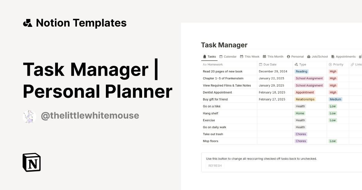 Task Manager | Personal Planner Template | Notion Marketplace