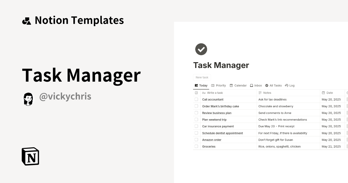 Task Manager Template by Vicky Chris | Notion Marketplace
