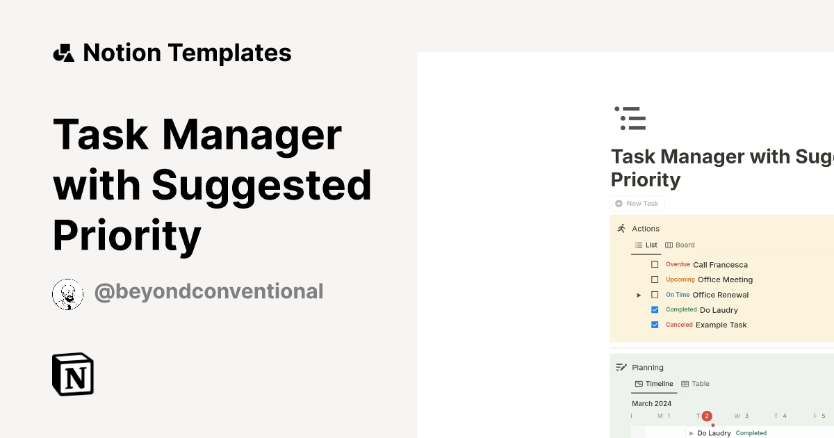 Task Manager with Suggested Priority Template by BeyondConventional | Notion Marketplace