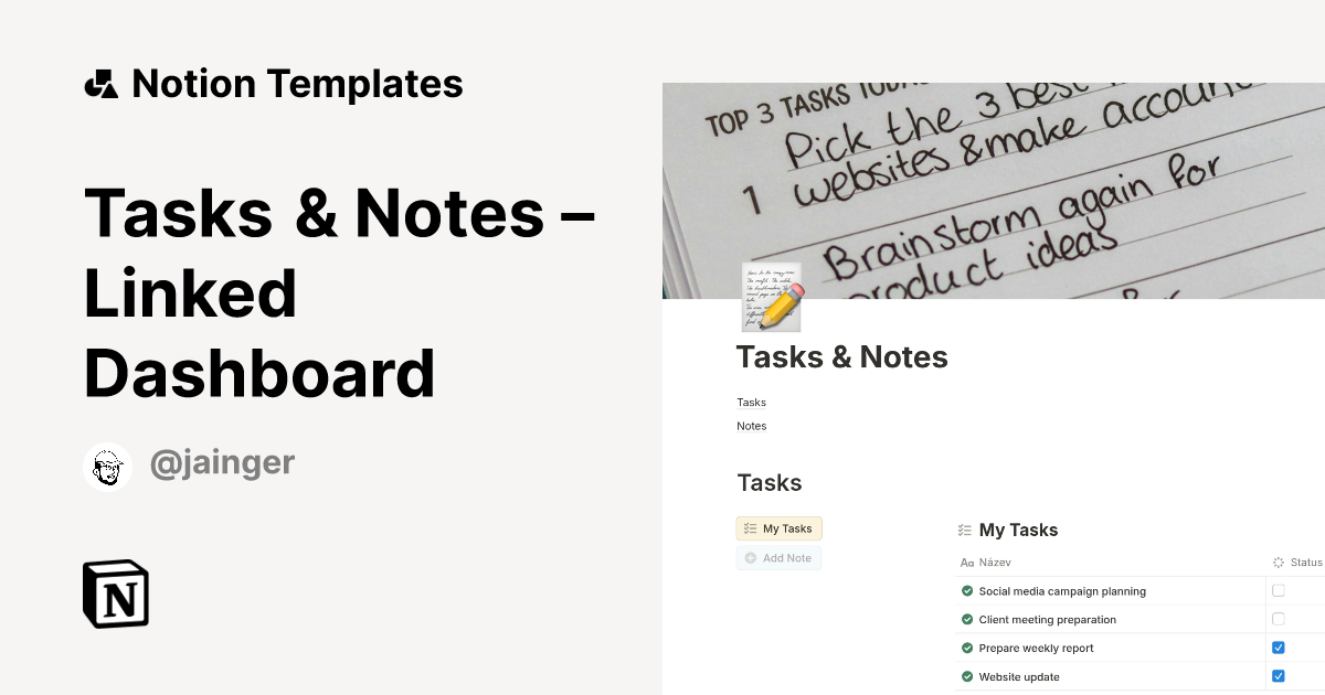 Tasks & Notes – Linked Dashboard Template by Jakub Inger | Notion ...