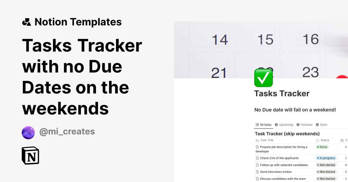 Tasks Tracker with no Due Dates on the weekends Template by Mi Creates ...