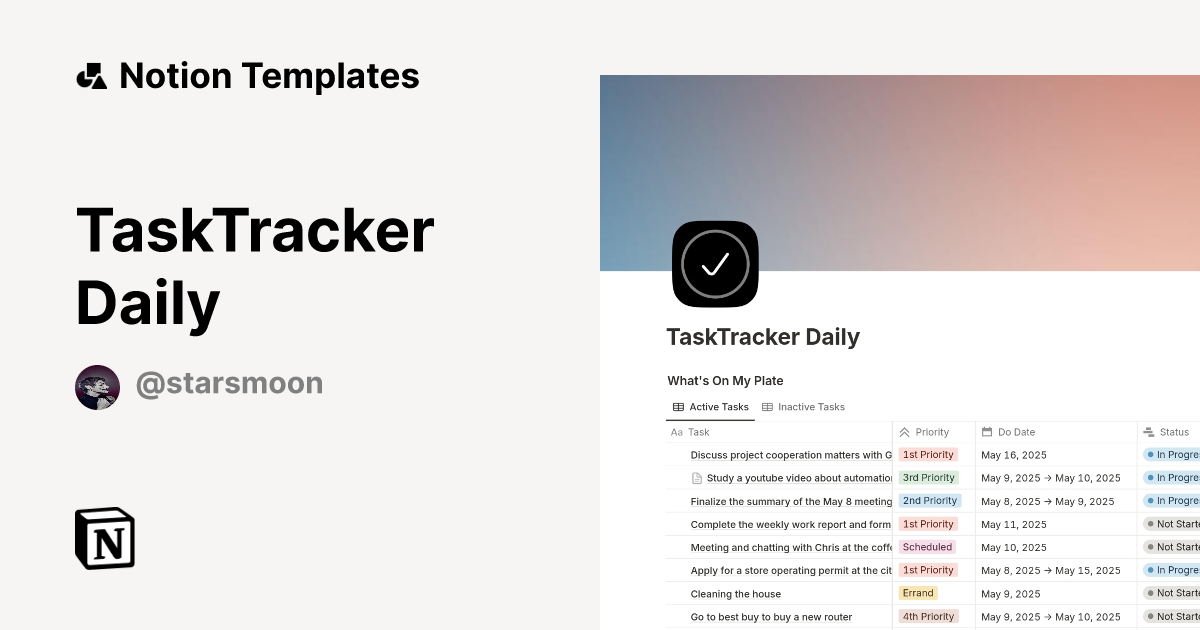 TaskTracker Daily Template by Starsmoon | Notion Marketplace