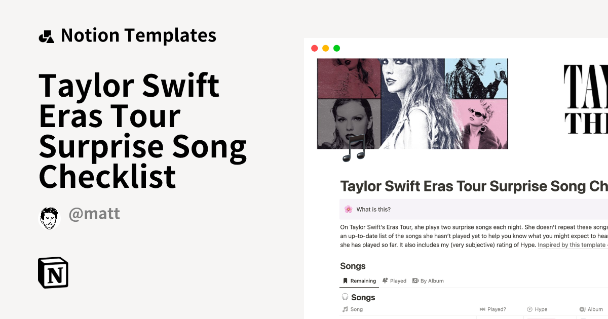Taylor Swift Eras Tour Surprise Song Checklist Template by Matt ...