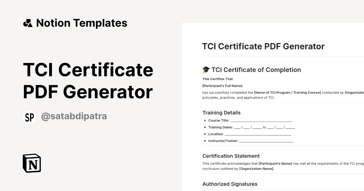 TCI Certificate PDF Generator Template | Notion Marketplace