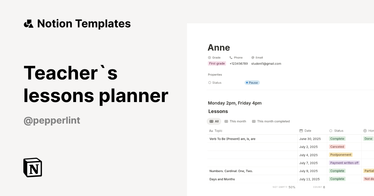 Teacher`s lessons planner Template | Notion Marketplace