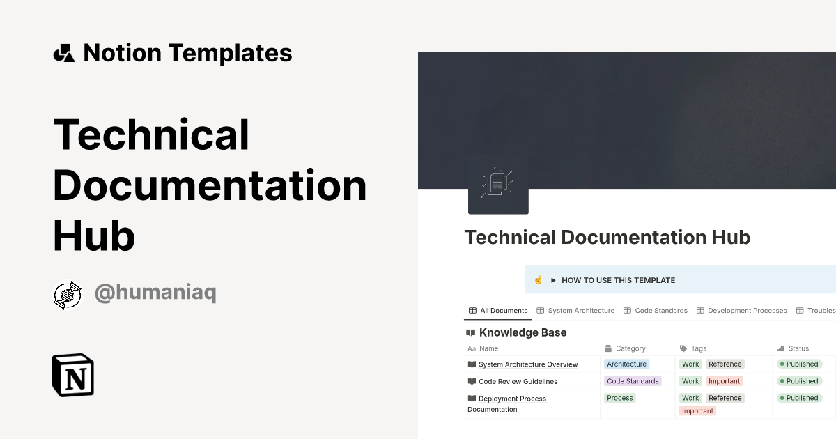 Technical Documentation Hub Template by Humaniaq | Notion Marketplace