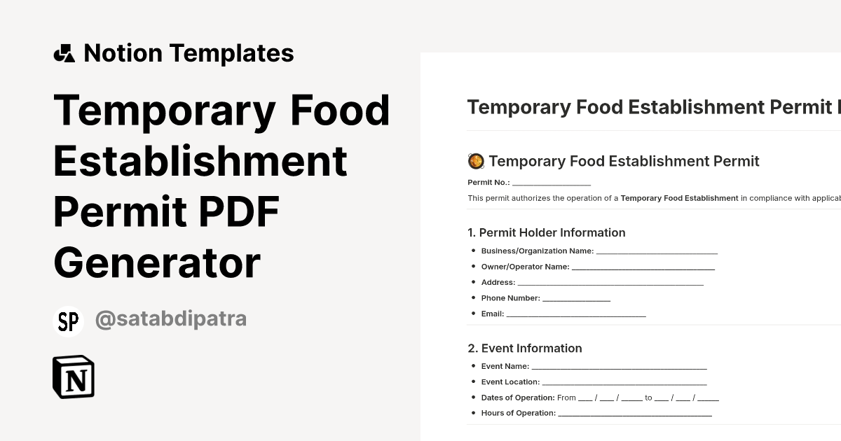 Temporary Food Establishment Permit PDF Generator Template by Satabdi ...