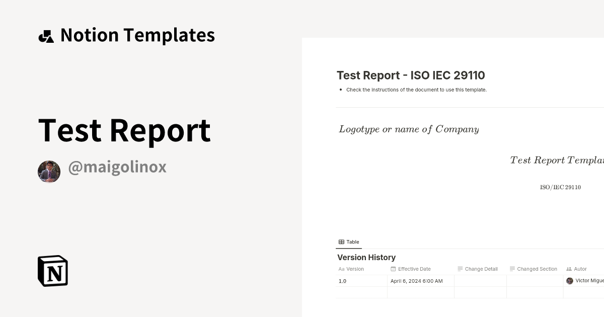 Test Report Template by Victor Terrón | Notion Marketplace