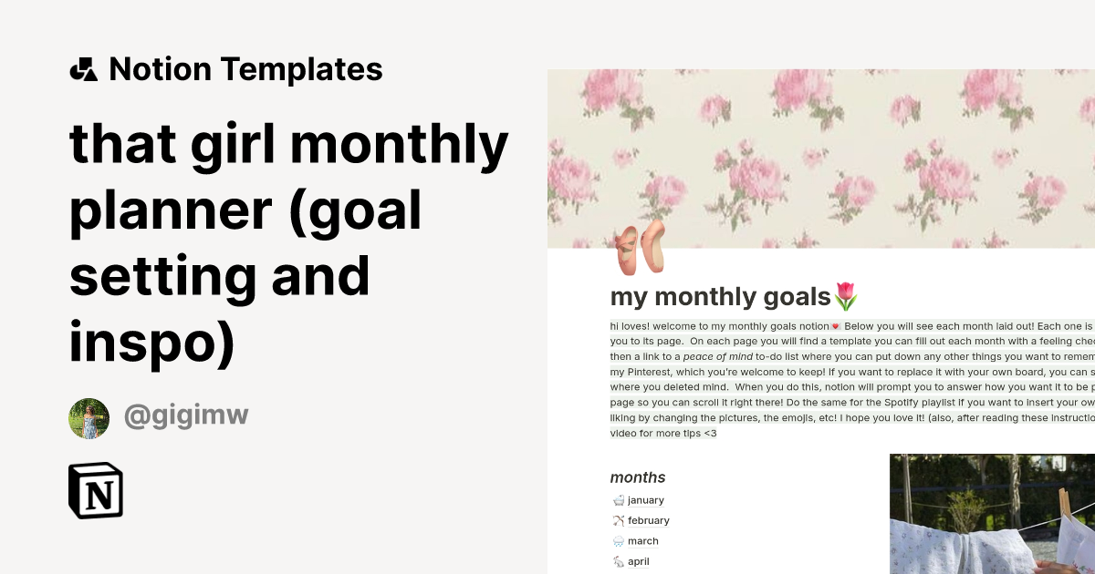 that girl monthly planner (goal setting and inspo) Template by Gigi's ...
