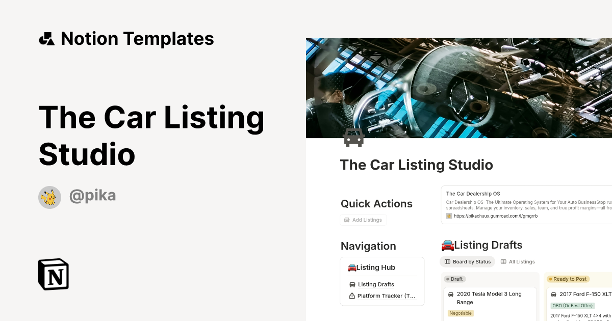 The Car Listing Studio Template by Pika | Notion Marketplace