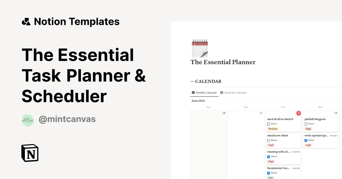 The Essential Task Planner & Scheduler Template by MintCanvasStudio | Notion Marketplace