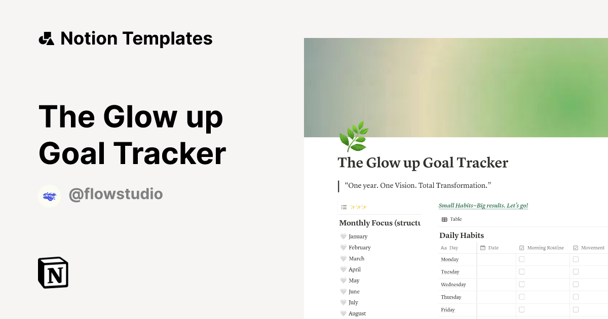 The Glow up Goal Tracker Template | Notion Marketplace