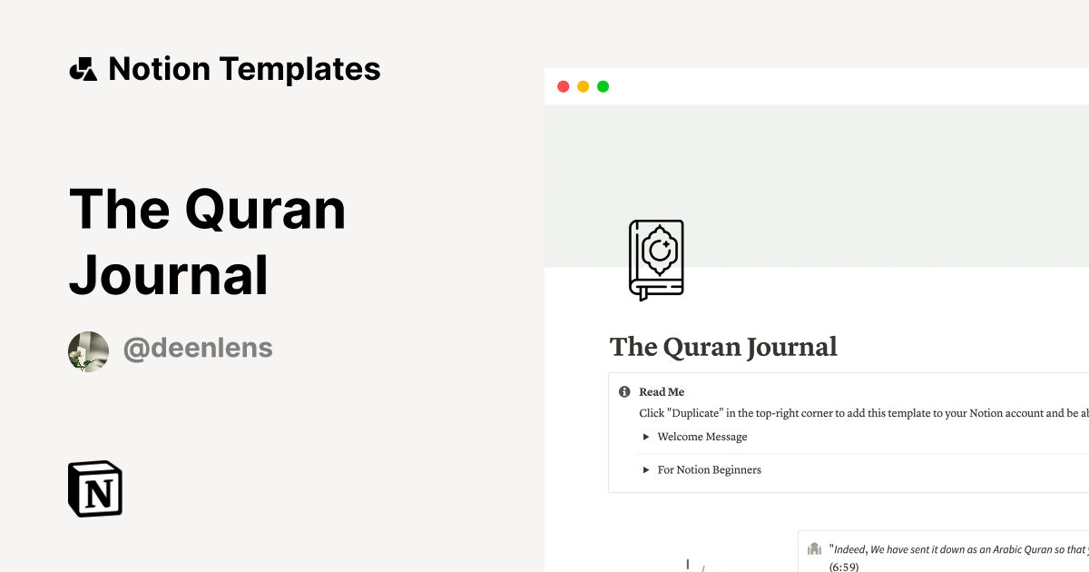 The Quran Journal Template by DeenLens | Notion Marketplace