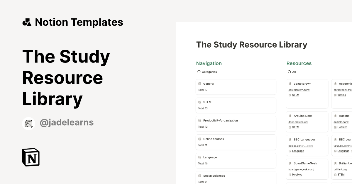 The Study Resource Library Template by Jade | Notion Marketplace