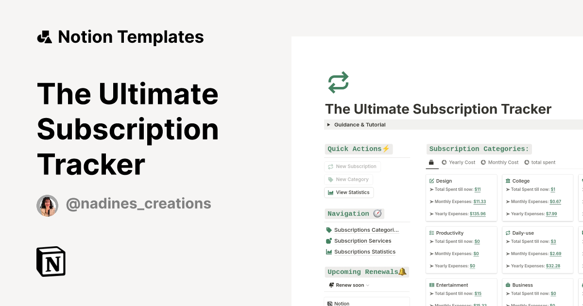 The Ultimate Subscription Tracker Template by Nadine's Creations | Notion Marketplace
