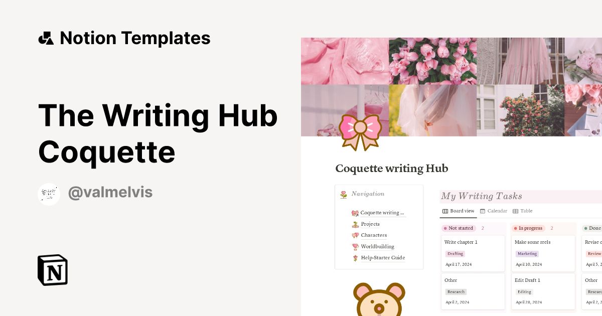 The Writing Hub Coquette Template by Aesthetic Writer's Desk | Notion ...