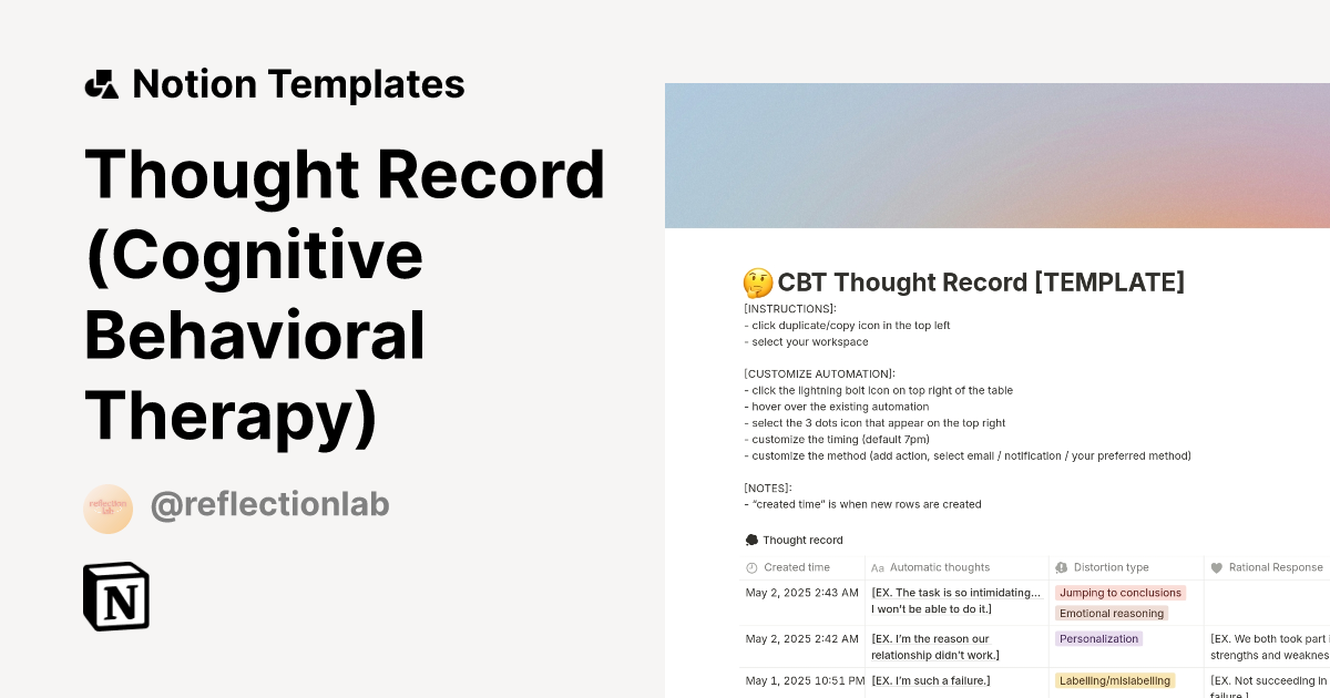 Thought Record (Cognitive Behavioral Therapy) Template by reflection lab | Notion Marketplace
