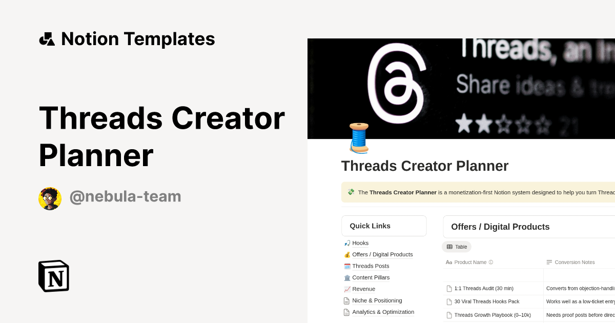 Threads Creator Planner Template by Nebula | Notion Marketplace
