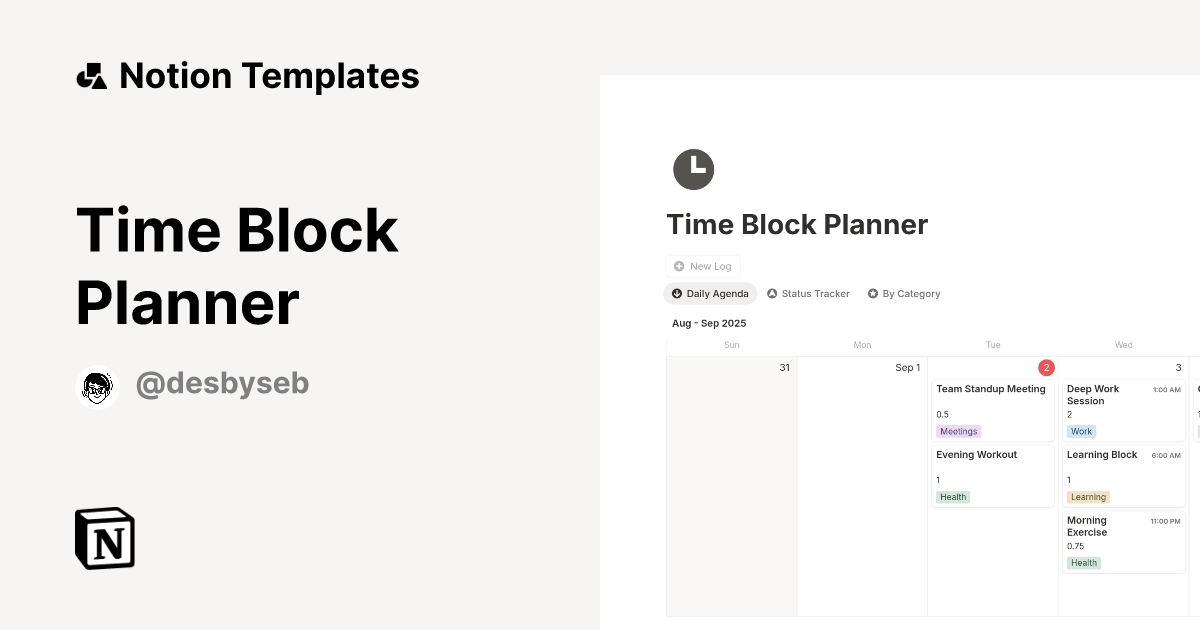 Time Block Planner Template by desbyseb | Notion Marketplace
