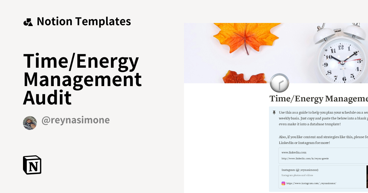 Time/Energy Management Audit Template by Reyna Gowie | Notion Marketplace