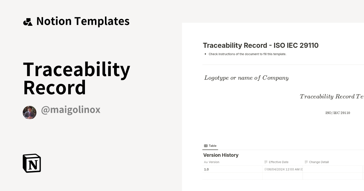 Traceability Record Template by Victor Terrón | Notion Marketplace