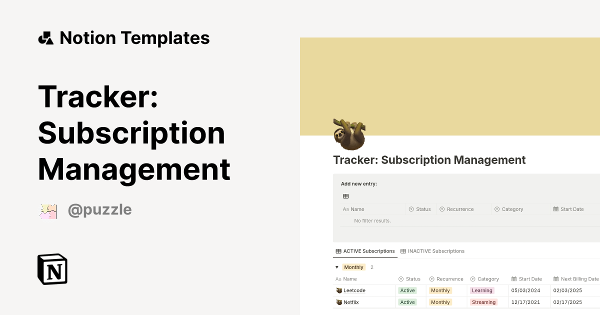 Tracker: Subscription Management Template by Puzzle | Notion Marketplace